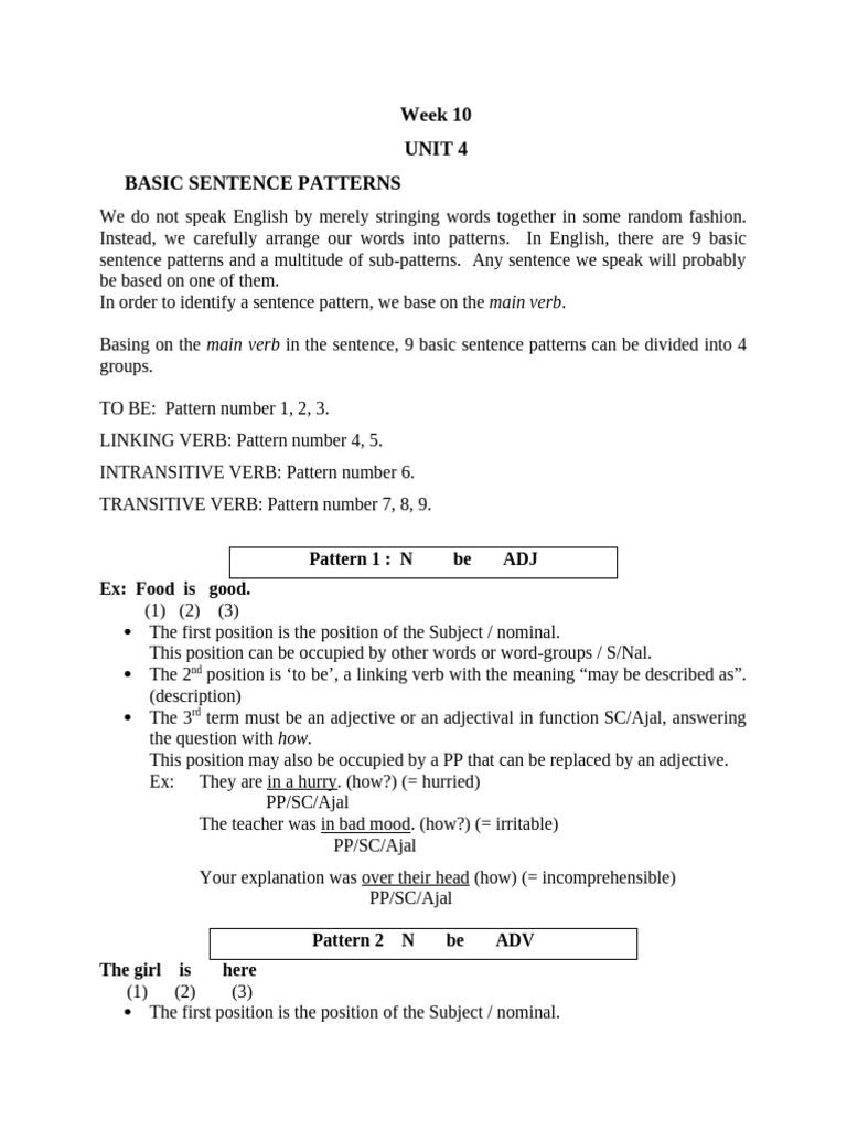 Week 10 syntax- basic sentence patterns | PDF | Verb | Subject (Grammar)