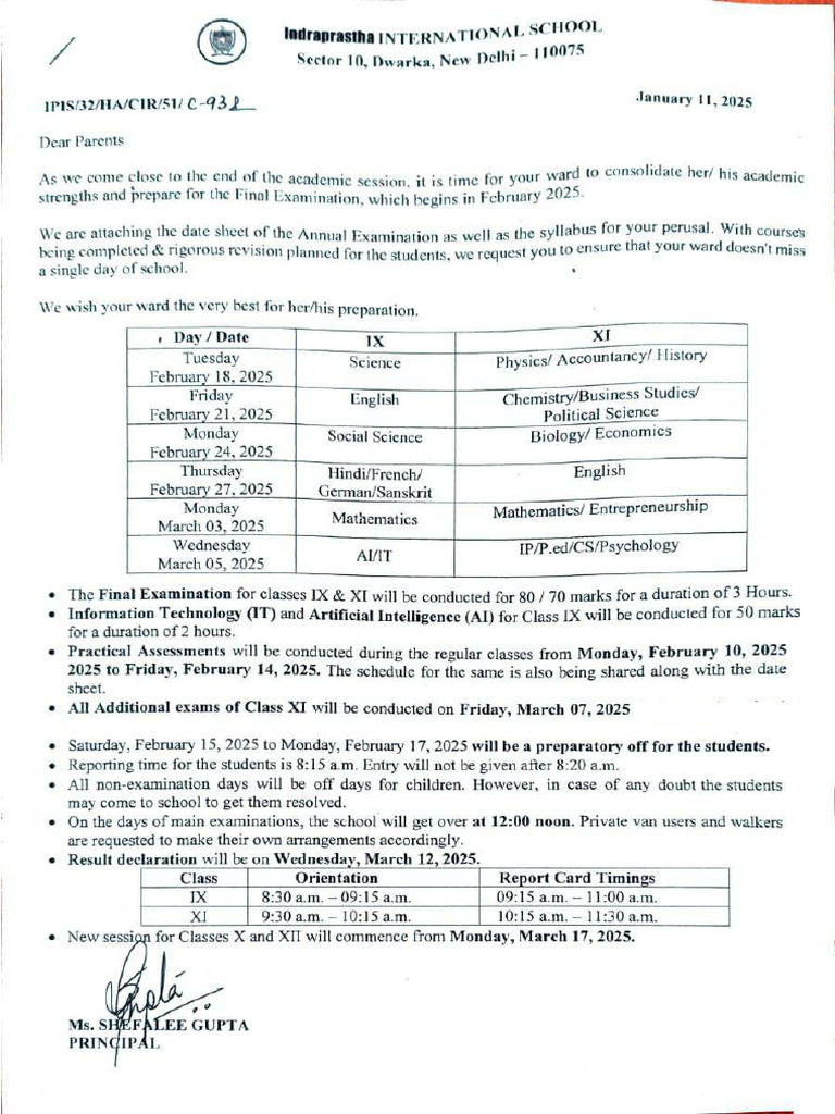 Class Xi- Final Term Date Sheet | PDF | Chemistry | Demand