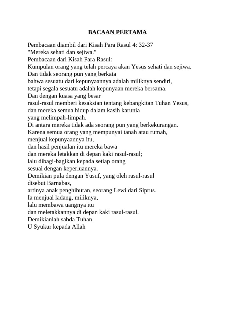 Bacaan Pertama: Kisah Para Rasul 4:32-37 | PDF