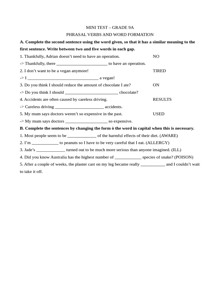 Grade 9A Mini Test: Phrasal Verbs & Word Formation | PDF