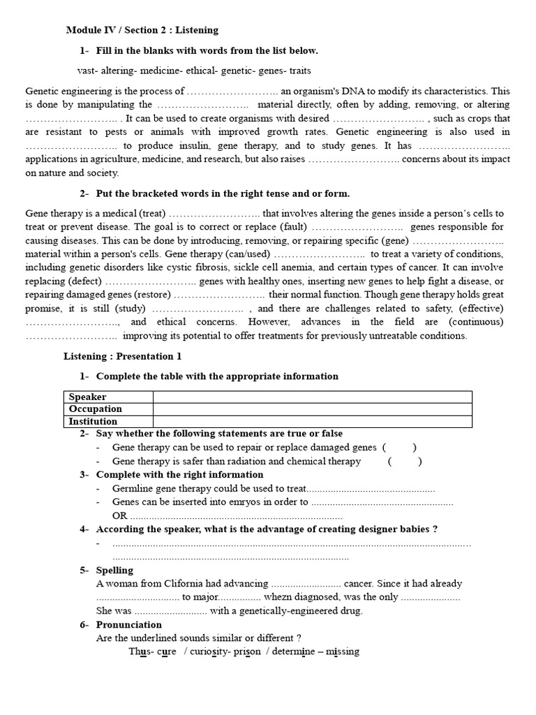 Unit 3 Listening 3rd Form | PDF | Gene Therapy | Genetic Engineering