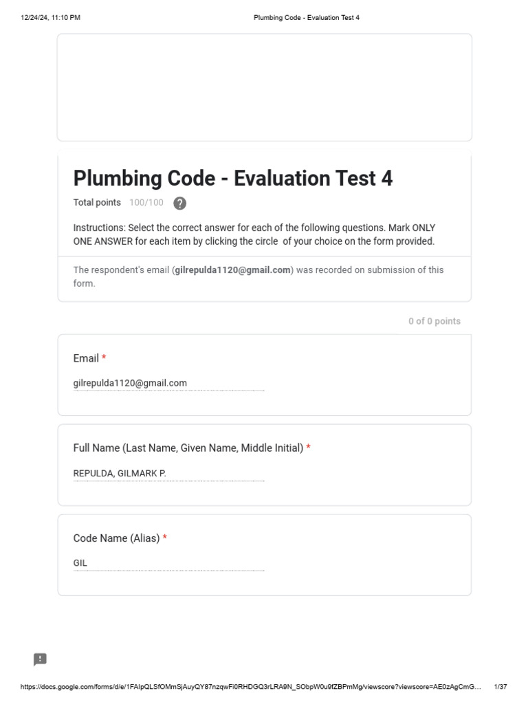 Plumbing Code - Evaluation Test 4 | PDF | Plumbing | Pipe (Fluid ...