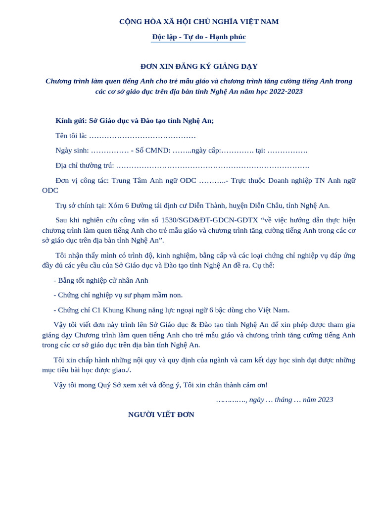 Đơn Xin Đăng Ký Gi NG D y Tăng Cư NG | PDF