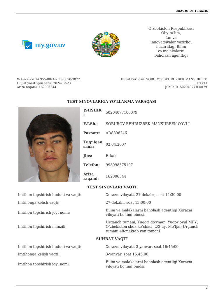 Test Sinovlariga Yo Llanma Varaqasi Jshshir: F.I.Sh.: Pasport: Tug ...