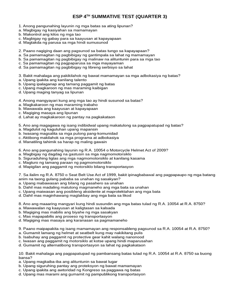 Esp 4th Summative Test (Quarter 3) | PDF