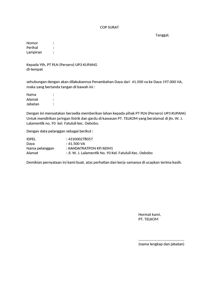 Surat Permohonan Penambahan Daya PLN | PDF