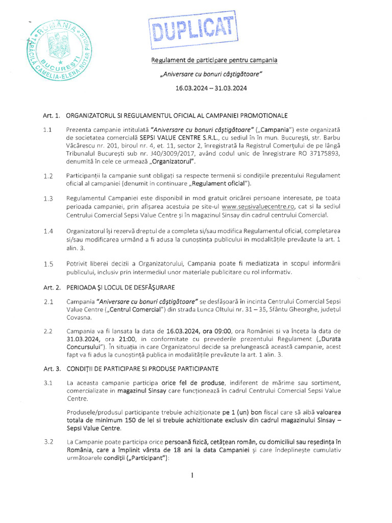 Regulament Campanie Aniversare Cu Bonuri Castigatoare AUTENTIFICAT | PDF
