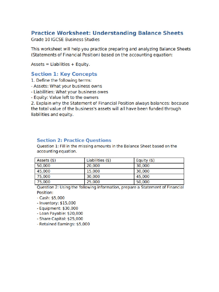 Financial Statement - Practice Worksheet | PDF