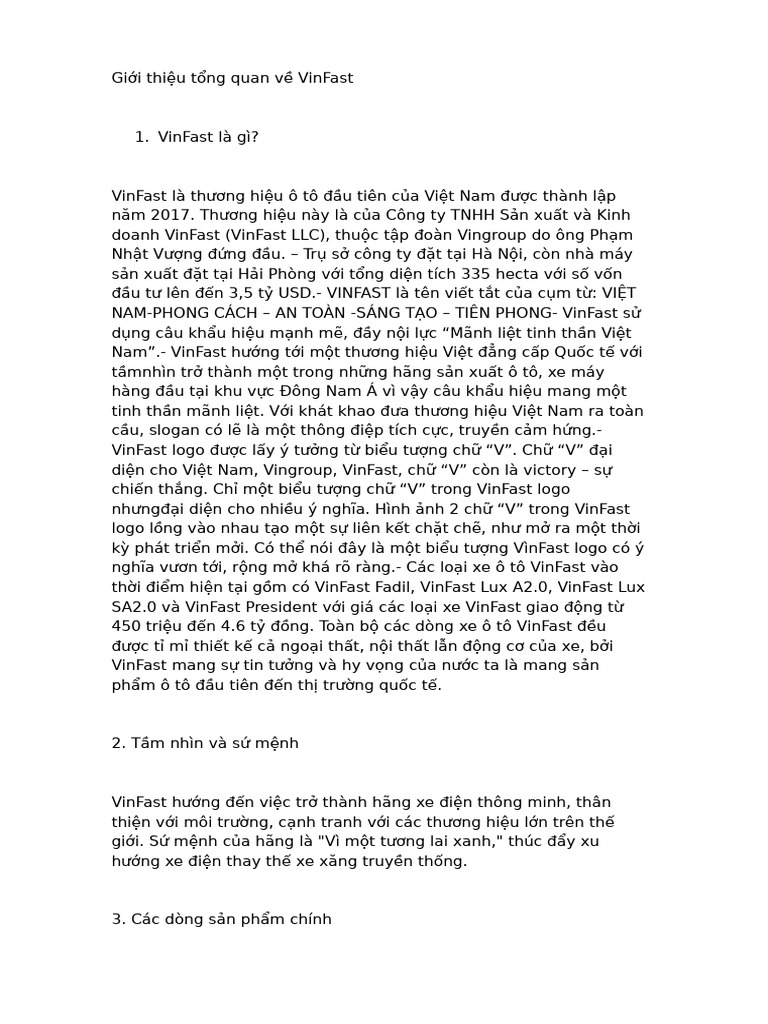 Giới Thiệu Tổng Quan Về VinFast | PDF