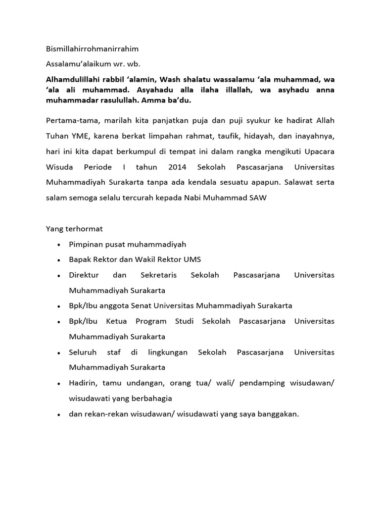 NASKAH SAMBUTAN WAKIL WISUDAWAN Periode 1 Tahun 2014 (Terbaik Tercepat) | PDF