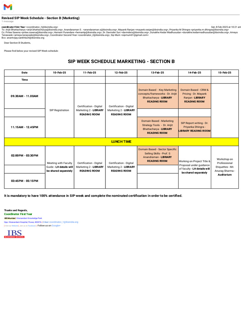 Gmail - Revised SIP Week Schedule - Section B (Marketing) RR | PDF