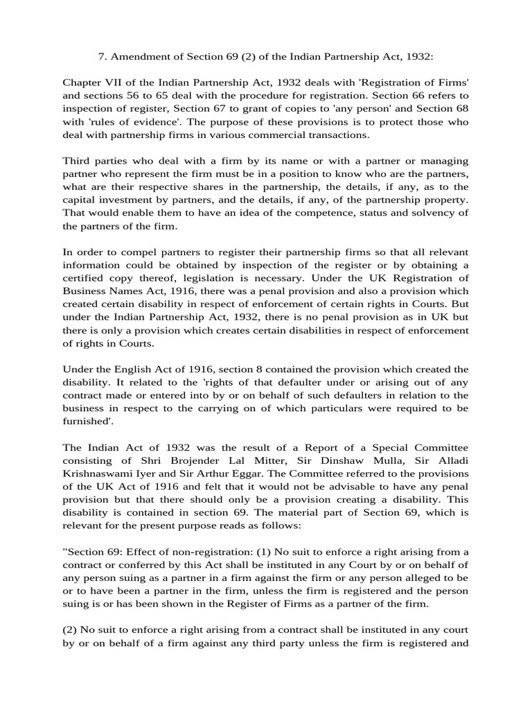 Amendment of Section 69 (2) of The Indian Partnership Act, 1932 | PDF ...