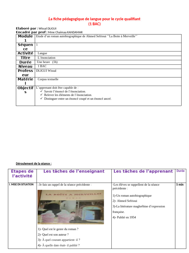 L'Énonciation en 1 BAC : Fiche Pédagogique | PDF | Discours ...