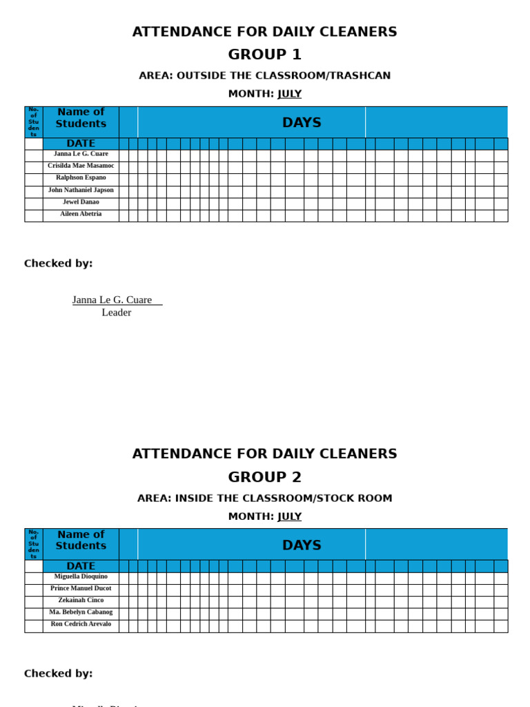 Attendance Sheet For Daily Cleaners | PDF