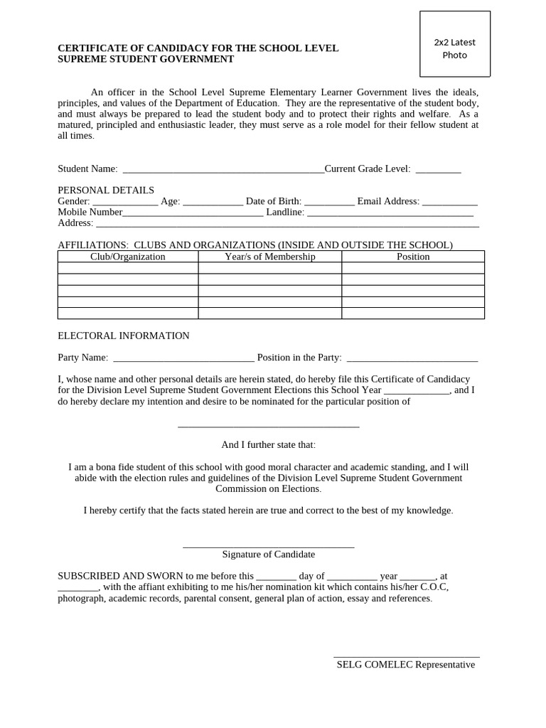 Certificate of Candidacy for Student Government | PDF