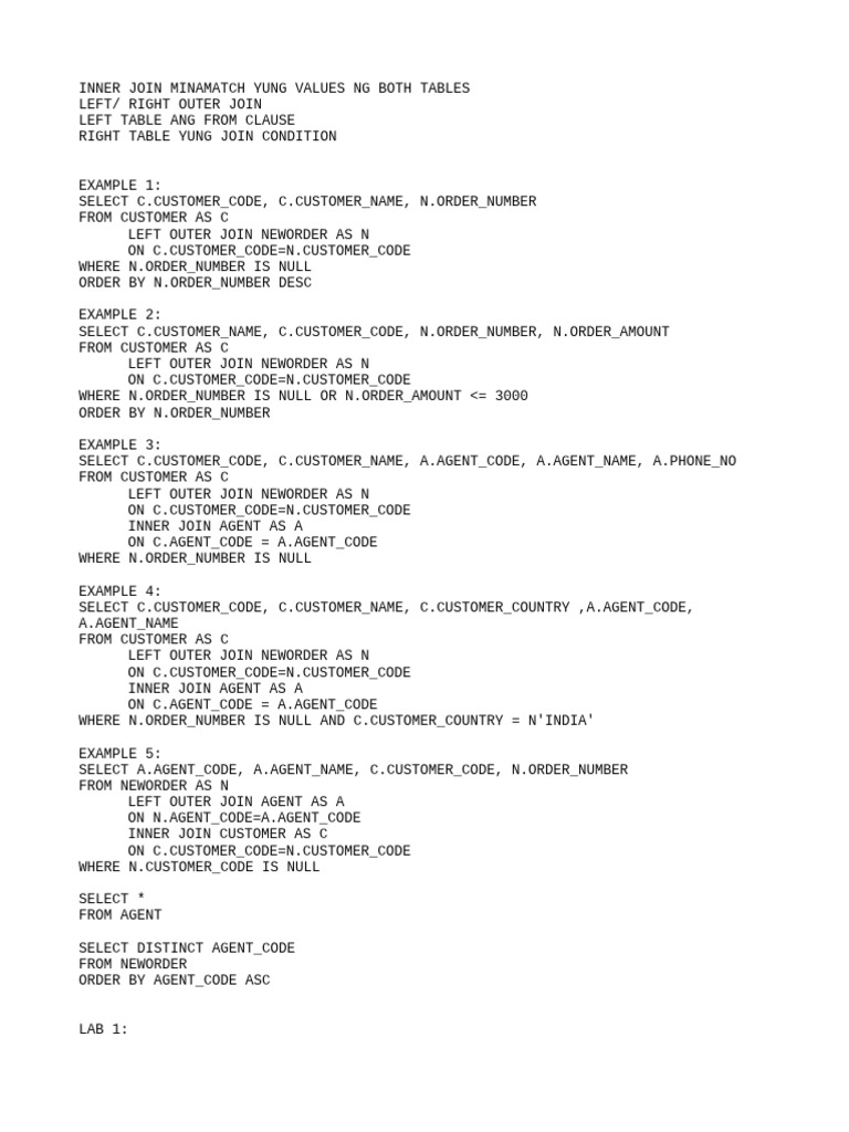 SQL Left Outer Join Examples | PDF