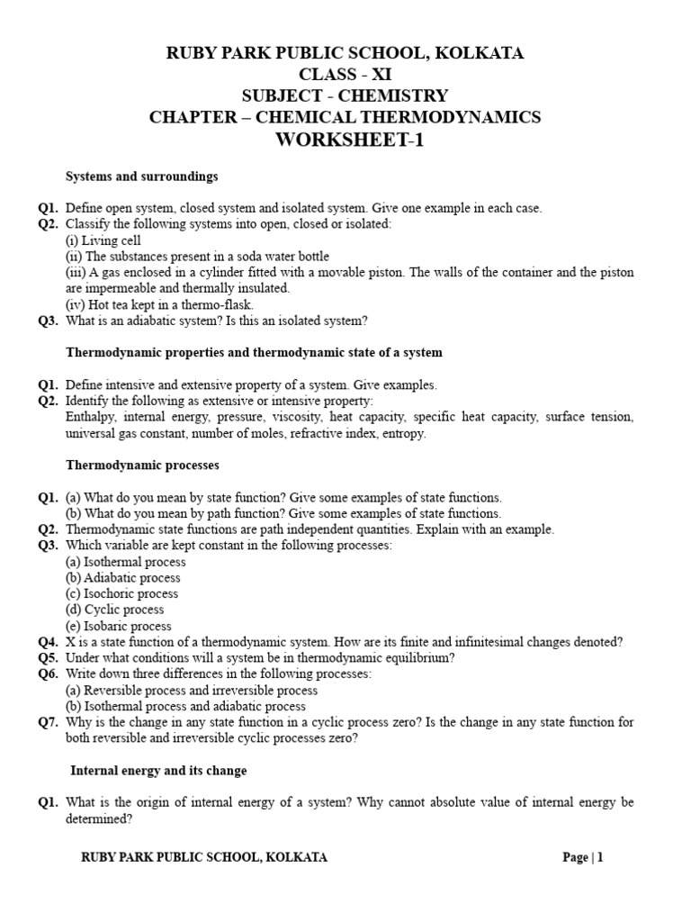 Thermodynamics Worksheet 1 | PDF | Heat | Thermodynamics