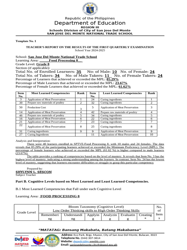 Grade 8 Food Processing Exam Report | PDF | Curing (Food Preservation ...