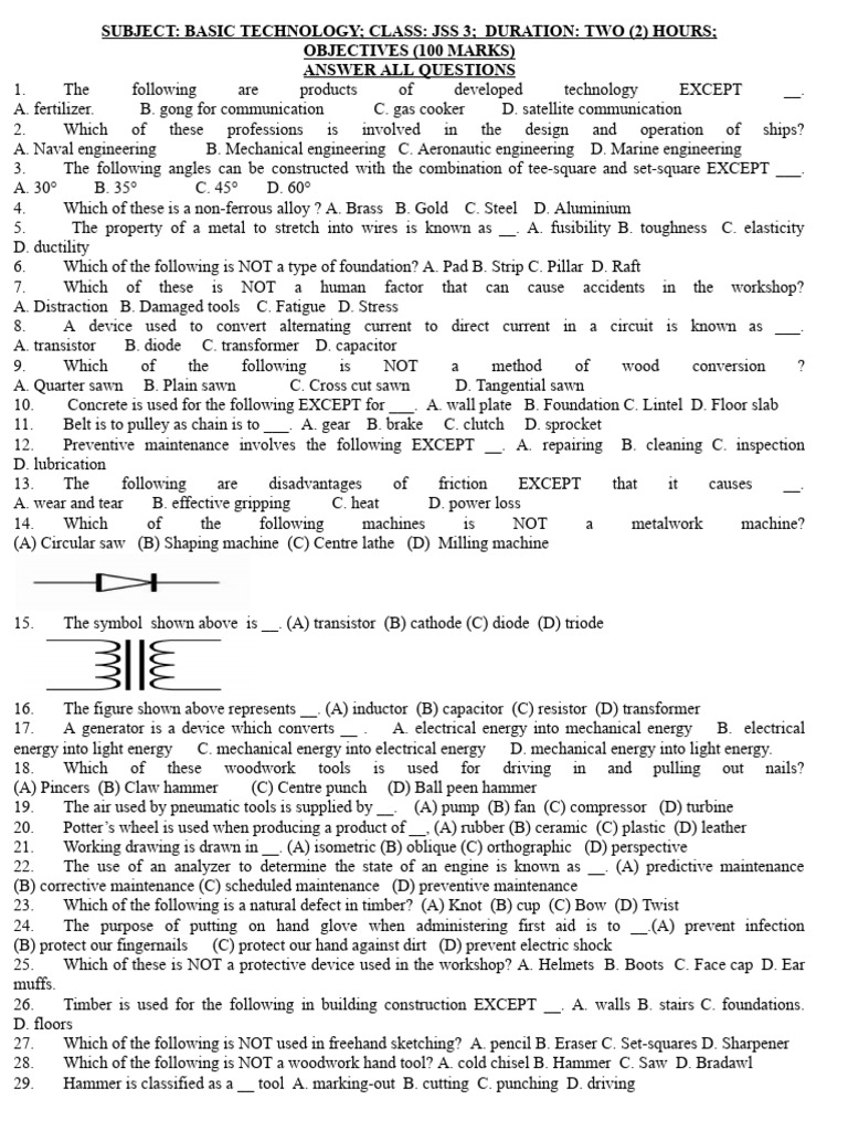 BASIC TECHNOLOGY MOCK (JSS3) | PDF | Secondary Sector Of The Economy | Materials