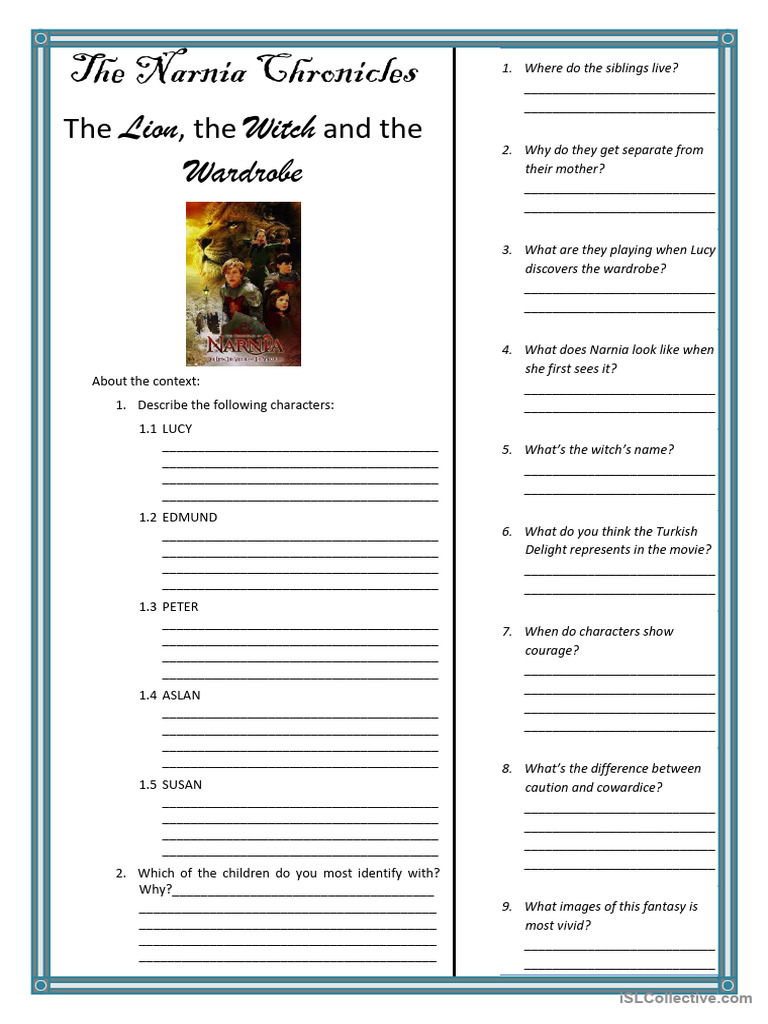 The Narnia Chronicles Worksheet | PDF | The Chronicles Of Narnia | Mythography