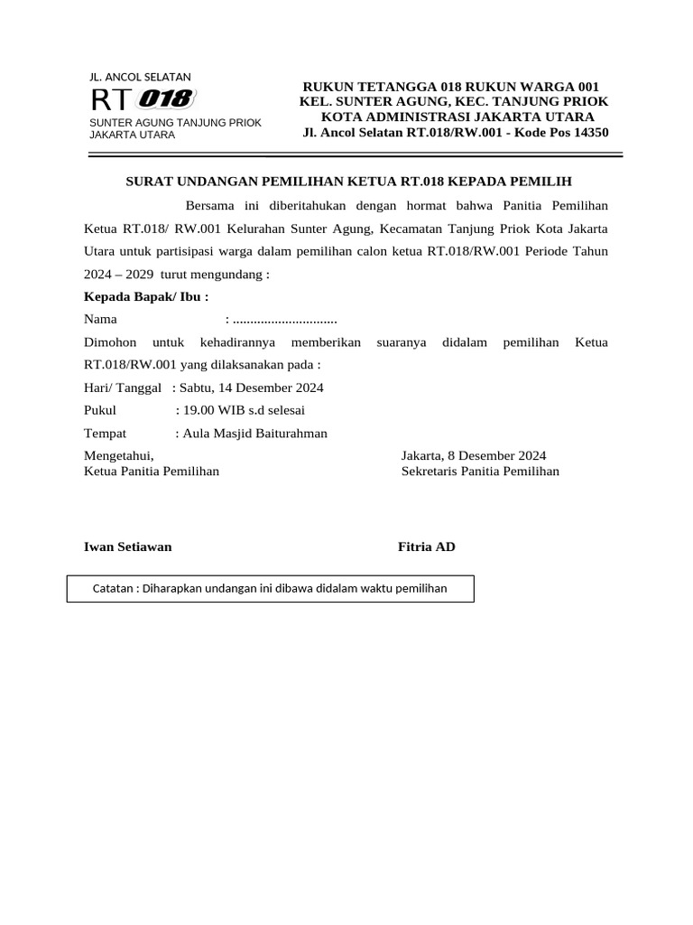 Surat Undangan Pemilihan RT.018 RW.01. | PDF