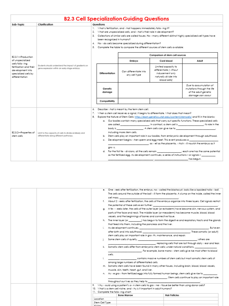 B2.3 Cell Specialization Guiding Questions With Key | PDF | Cell ...