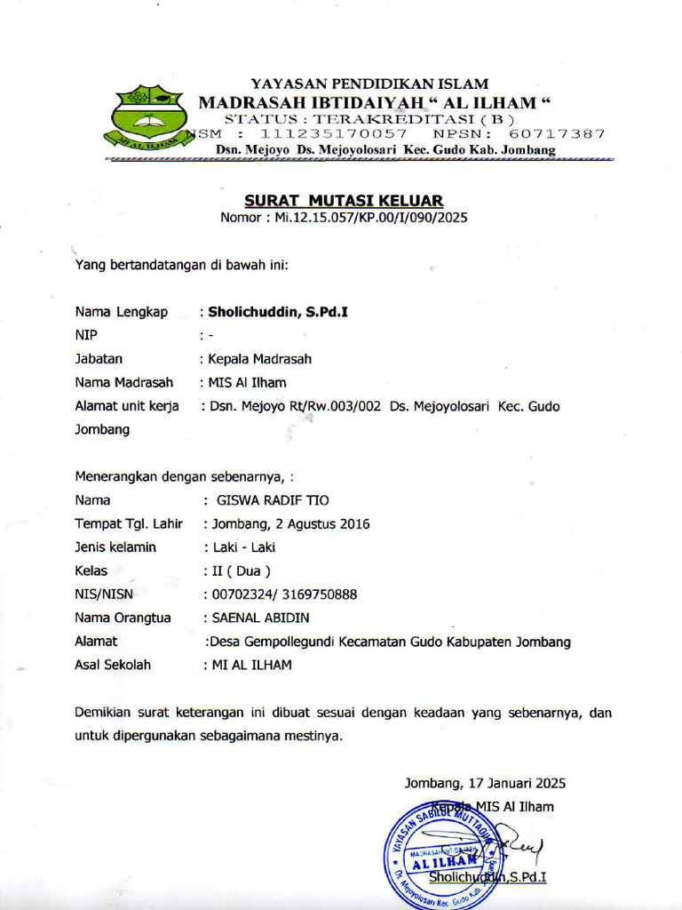 Surat Mutasi Keluar Radif | PDF