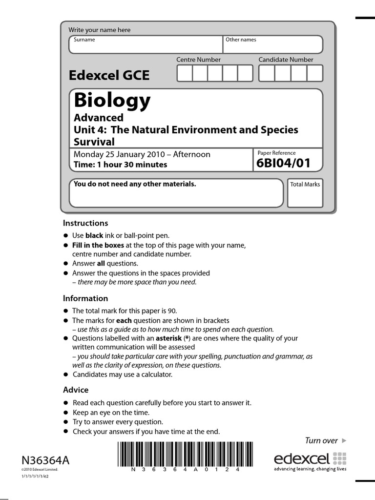 January 2010 QP - Unit 4 Edexcel Biology A-level | PDF