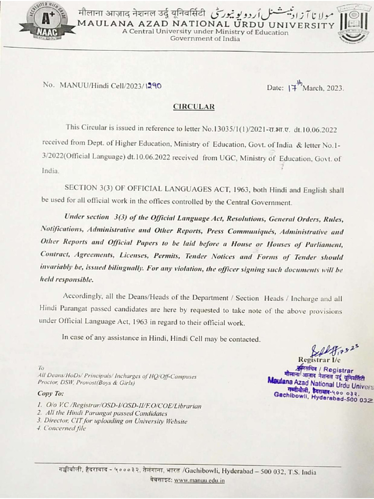 Circular - Section 3 (3) of Official Languages Act, 1963 - Reg. - 0 | PDF