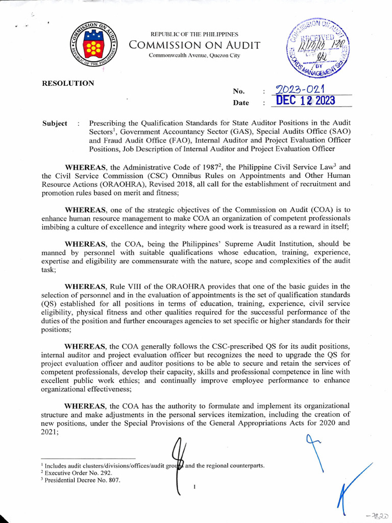 Coa Resolution No. 2023 - 021 - 0001 | PDF | Audit | Internal Audit