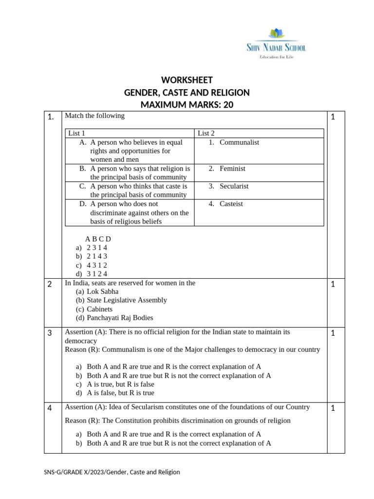 Gender, Caste, and Religion Worksheet | PDF | Secularism | Justice