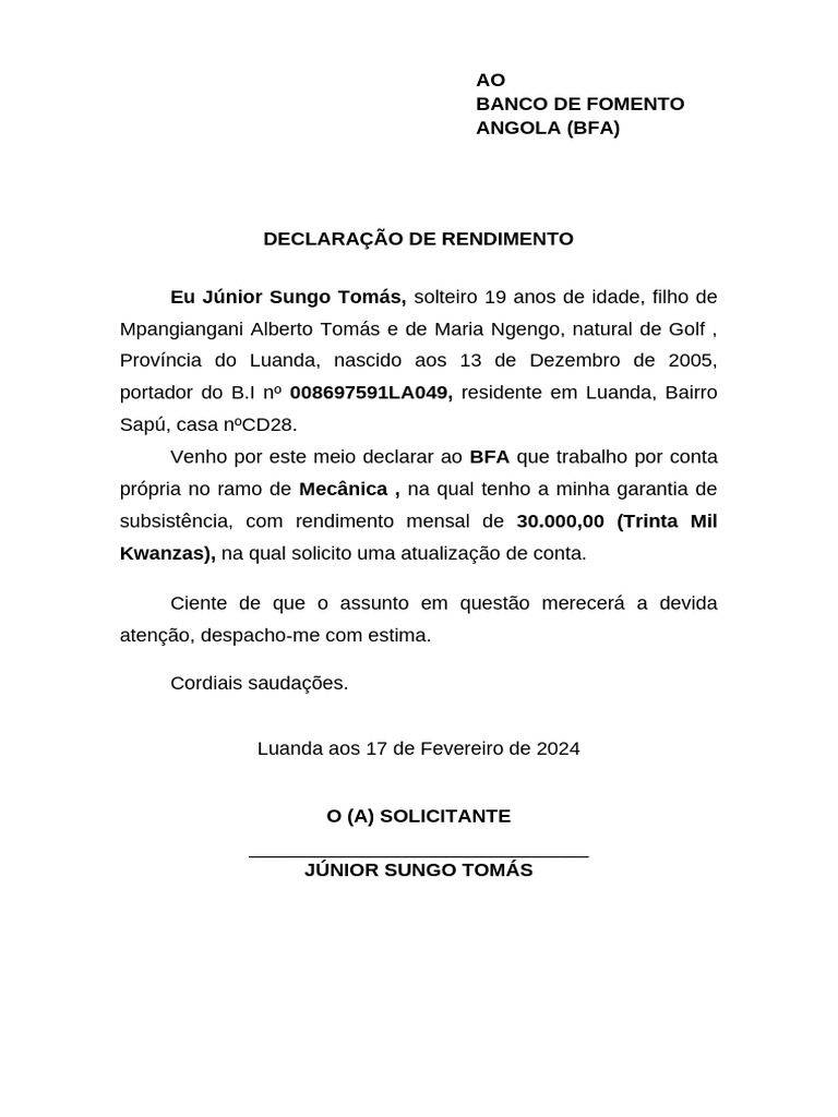 Declaração de Rendimento | PDF