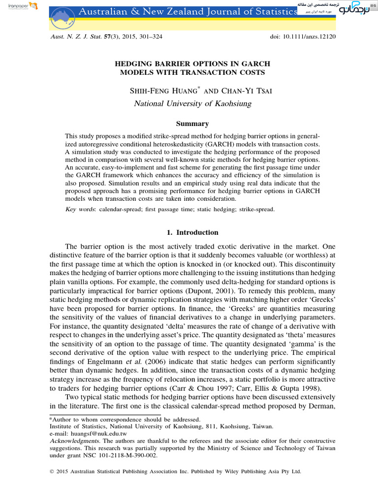 Hedging Barrier Options in GARCH Models With Transaction Costs | PDF ...