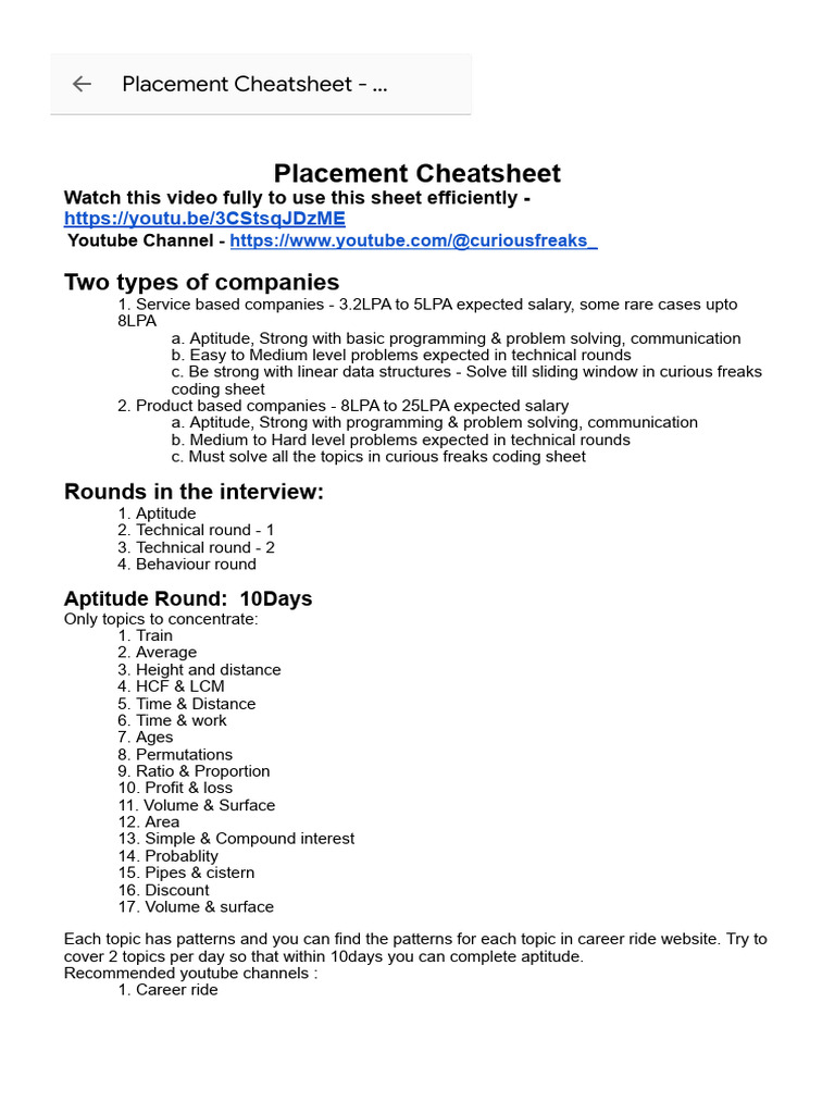 Placement Cheatsheet - Curious Freaks | PDF | Computer Science | Computing