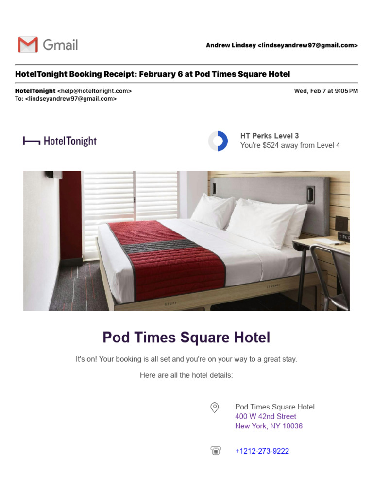 HotelTonight Booking Receipt: February 6 at Pod Times Square Hotel ...