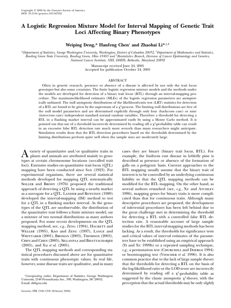 A Logistic Regression Mixture Model For Interval Mapping of Genetic Trait | PDF | Quantitative ...