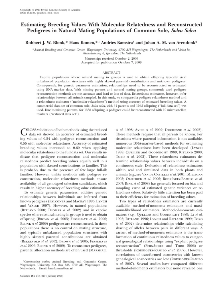1Estimating Breeding Values With Molecular Relatedness and Reconstructed | PDF | Heritability ...