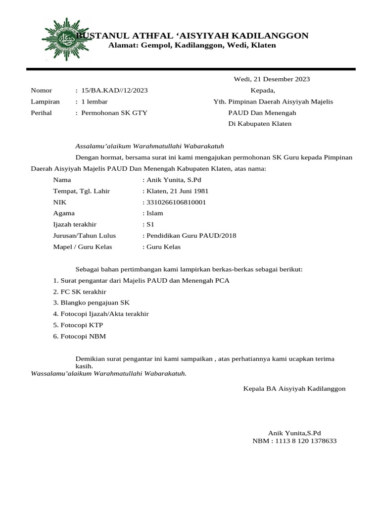 Surat Permohonan Tambah PTK | PDF