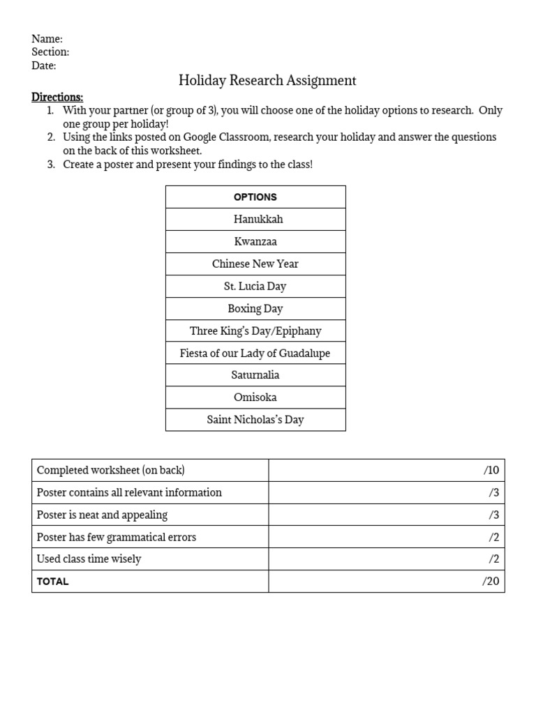 Holiday Research Assignment: Options | PDF | Christmas | Entertainment ...