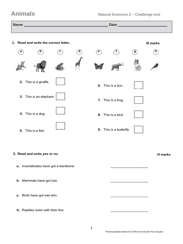 Animals Challenge Test for Students | PDF | Vertebral Column | Zoology