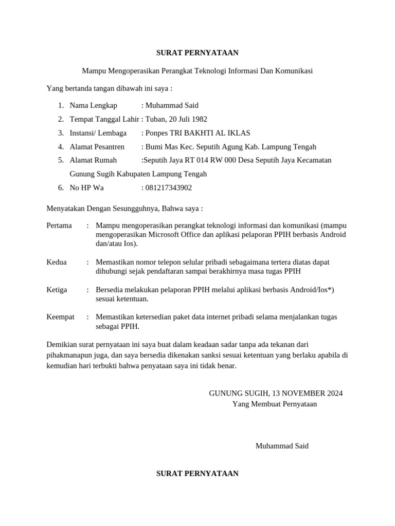Surat Pernyataan Ppih | PDF
