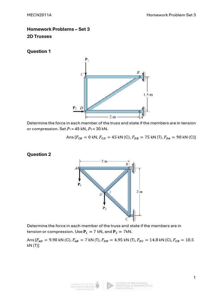 Homework Problems Set 3 - 2D Trusses | PDF