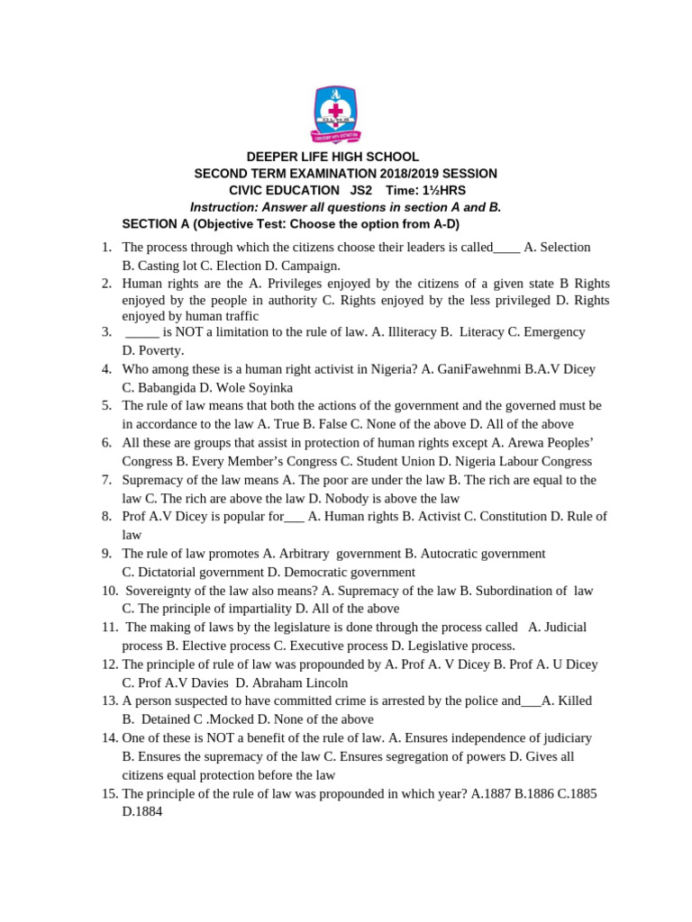 JS2 Civic Exam 2ND Term 2019-2020 | PDF | Elections | Rule Of Law