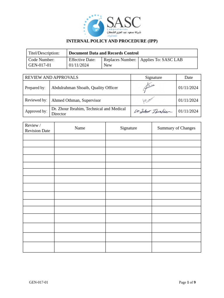 Document Control Policy GEN-017-01 | PDF | Calibration | Data