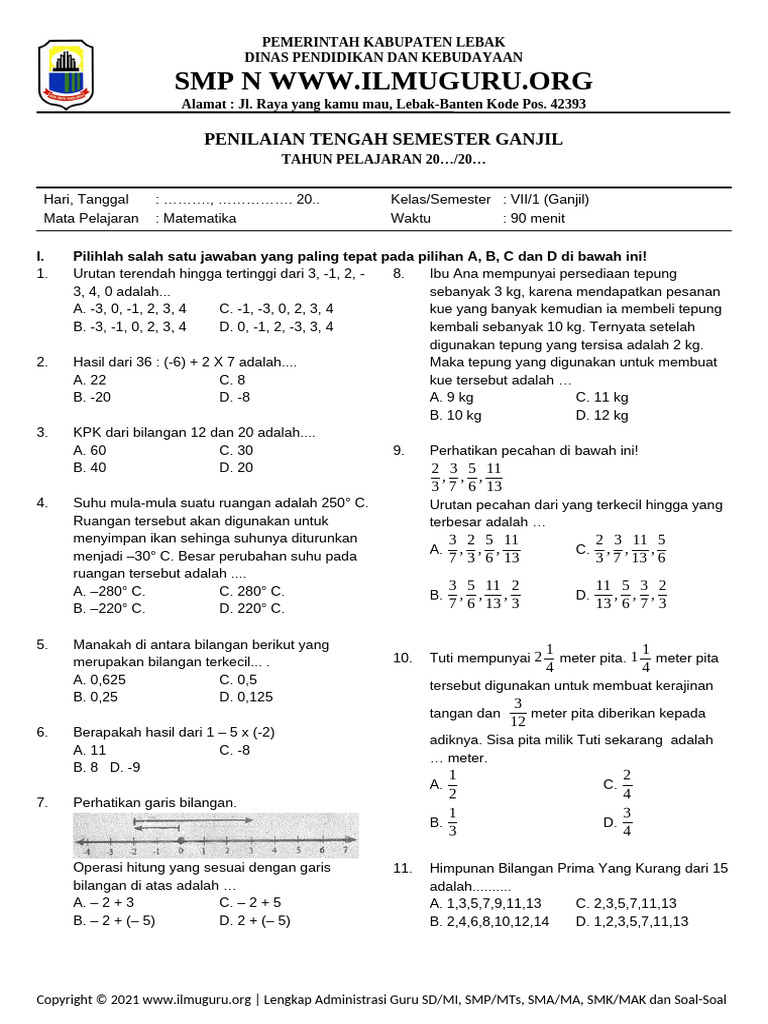 PTS I Matematika Kelas VII | PDF