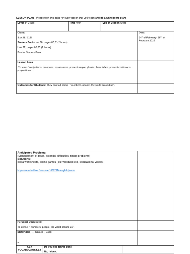 Lesson Plan Grade 3 - 24th of February - 28th of February 2025 | PDF