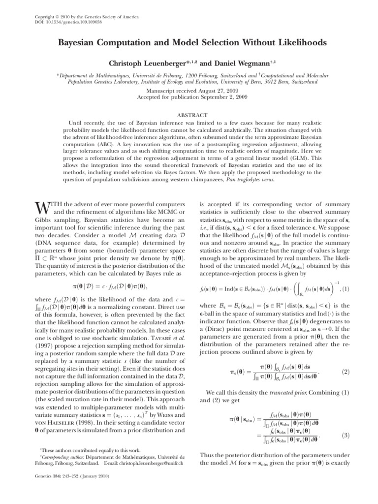 Bayesian Computation And Model Selection Without Likelihoods Pdf Statistics Linear Regression