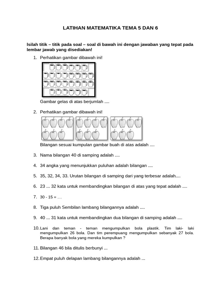 LATIHAN MATEMATIKA TEMA 5 DAN 6 - LK Juni 2023 - 1 | PDF