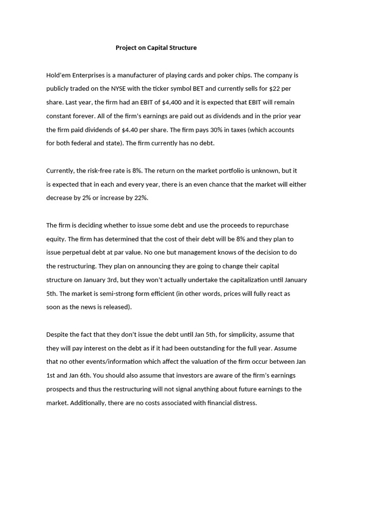 Hold'em Enterprises Capital Restructuring | PDF | Capital Structure ...