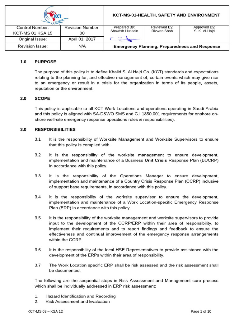 KCT-MS 01 - KSA 12 - Emergency Planning, Preparedness and Response | PDF | Emergency Management ...